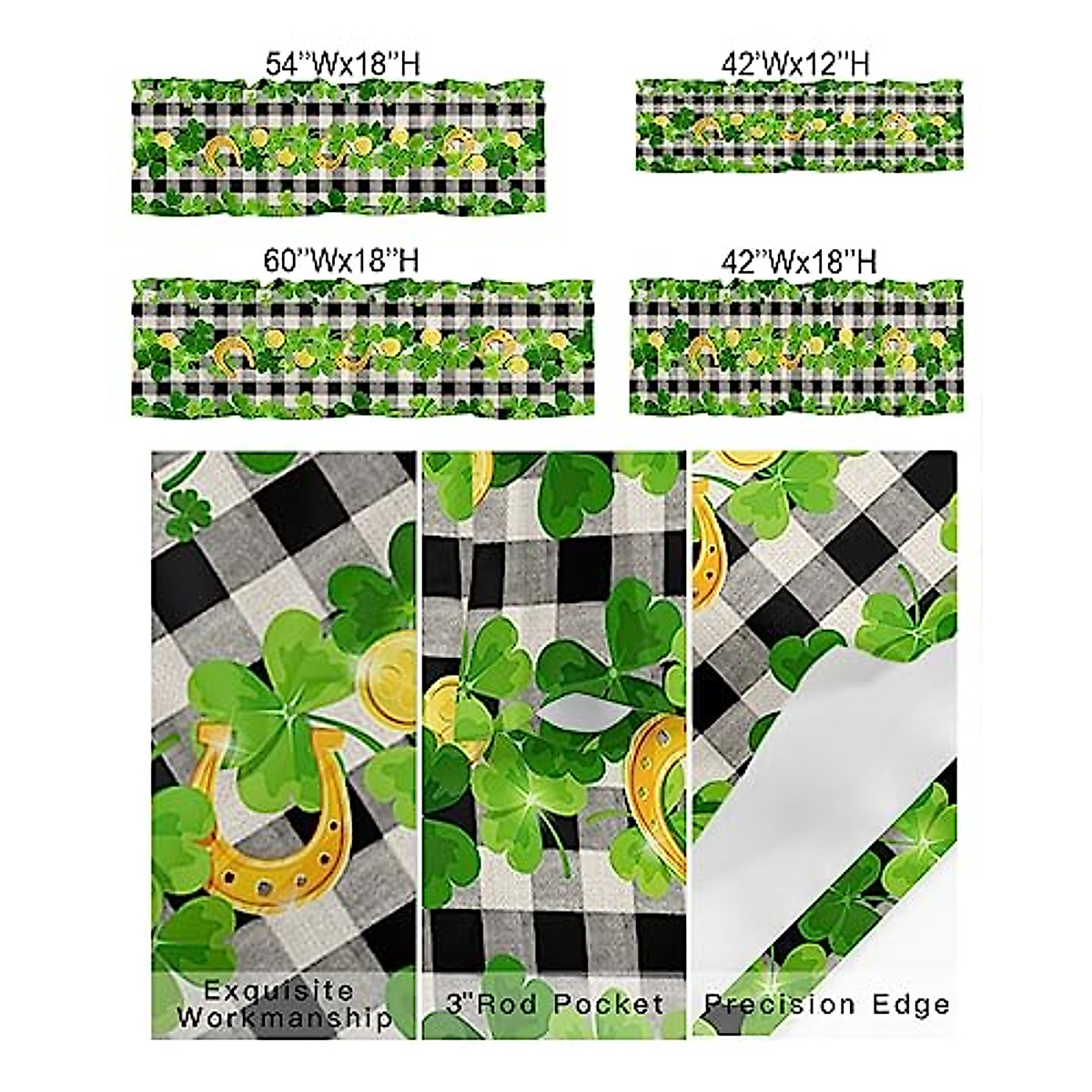 Curtain Valance for Windows St. Patrick's Day Clover Leaf Horseshoe Gold Kitchen Valances Rod Pocket Short Curtains,Black White Plaid Window Treatment Panel for Living Room Bathroom Bedroom 60x18in