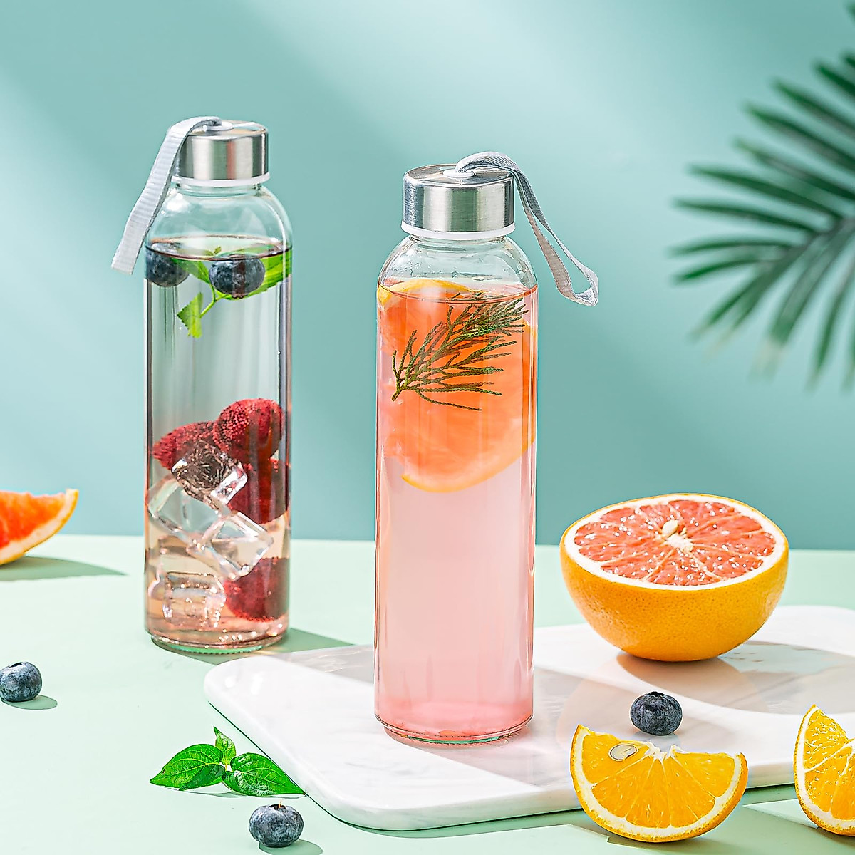 wookgreat Glass Water Bottles, 12 pcs 18 oz Glass Bottles, Reusable Sports Water Bottle with Stainless Steel Lids and Carrying Straps, BPA Free, Leak-proof Water Bottles for Travel, Gym, Office