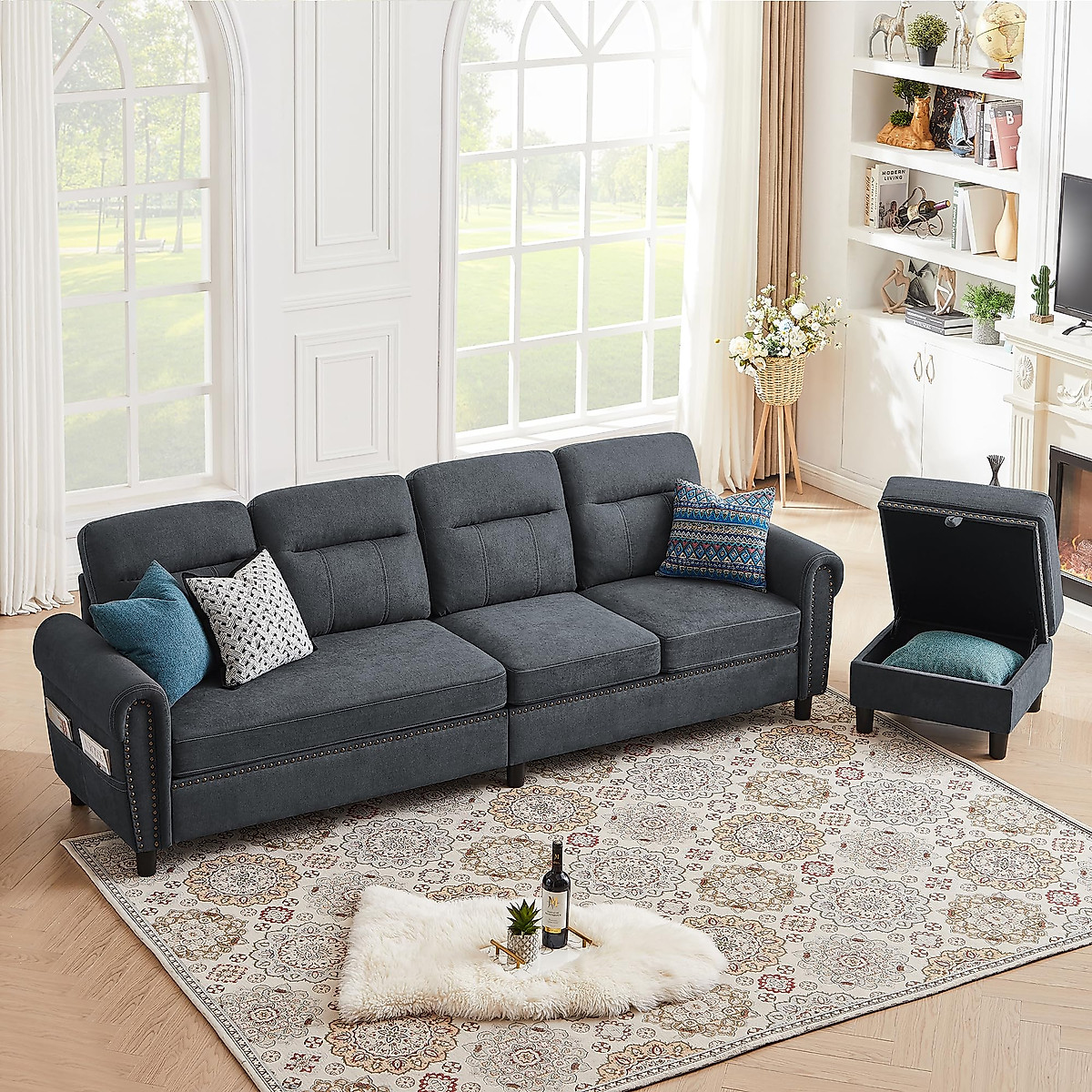Jarenie 107" Convertible Sectional Sofa, 4-Seat L Shaped Couch with Storage Chaise Lounge and Side Pocket, Modern Linen Fabric Sectional Couches for Living Room, Dark Grey