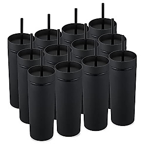 MEWAY 20oz Skinny Tumblers 12 Pack Double Wall Acrylic Tumbler with Lid and Straw,Matte Pastel Colored Reusable Plastic Cups With Straw for Parties, Birthdays,Customization DIY Gifts(Black,Set of 12)