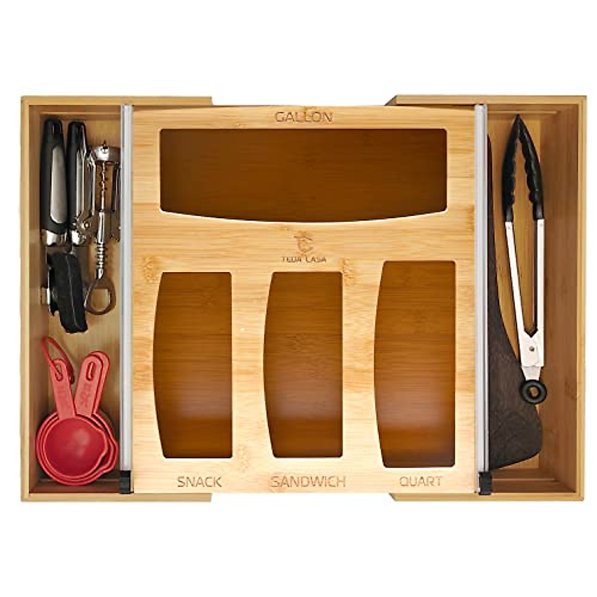 Expandable Bamboo Ziplock Bag Organizer, Drawer Organizer, Slide Cutters for Aluminum Foil and Plastic Wrap, Sandwich and Freezer Bags