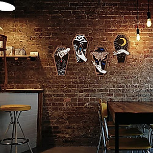 CHDITB Gothic Home Decor Coffin Hanging Sign(Set of 4, 6.3"x 10.43"), Spooky Coffin Shaped Door Hanger with Witch Hands Spider Butterfly, Retro Goth Horror Wood Sign for Home Party Haunted House