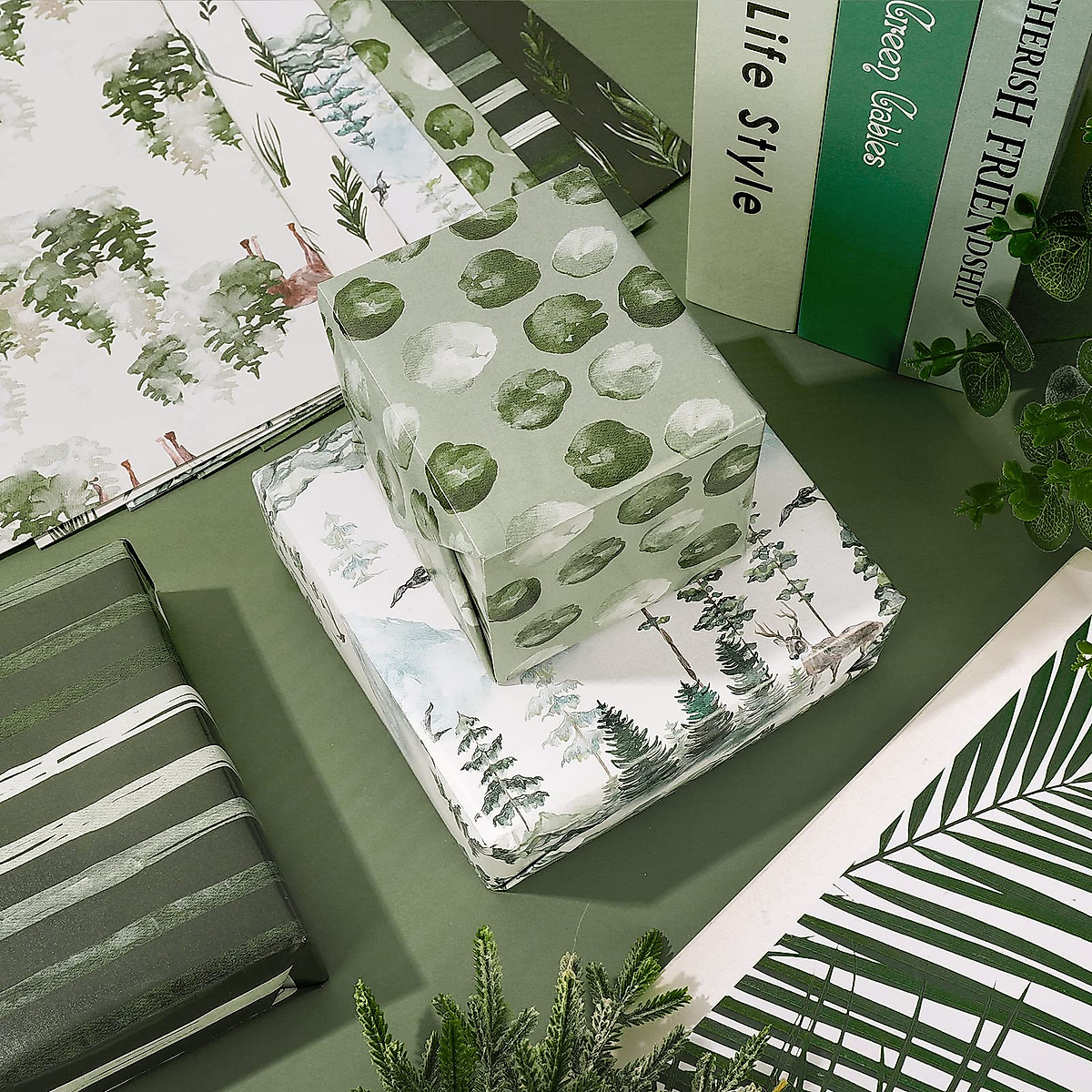 AnyDesign 12 Sheet Forest Theme Wrapping Paper Watercolor Woodland Gift Wrap Paper Bulk Green Tree Elk Art Paper for Birthday Wedding Baby Shower DIY Crafts Gift Packing, 19.7 x 27.6, Folded Flat