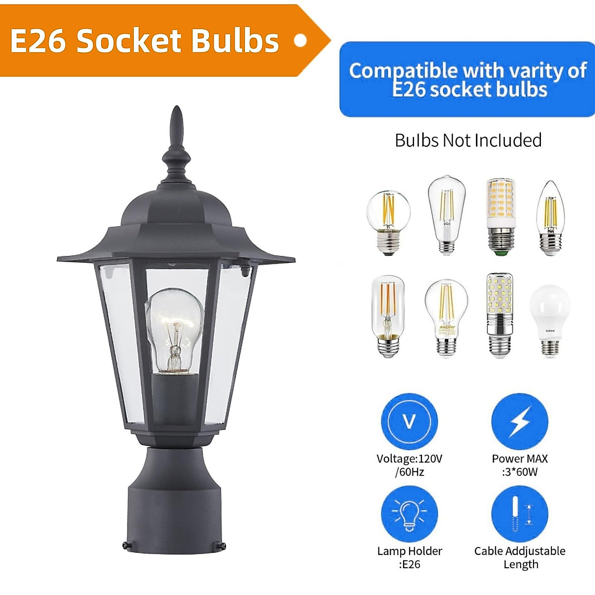 WISBEAM Outdoor Post Light, Pole Lantern, E26 Base 60W Max, Aluminum Housing Plus Glass, Wet Location Rated, ETL Qualified, Bulbs not Included, Black