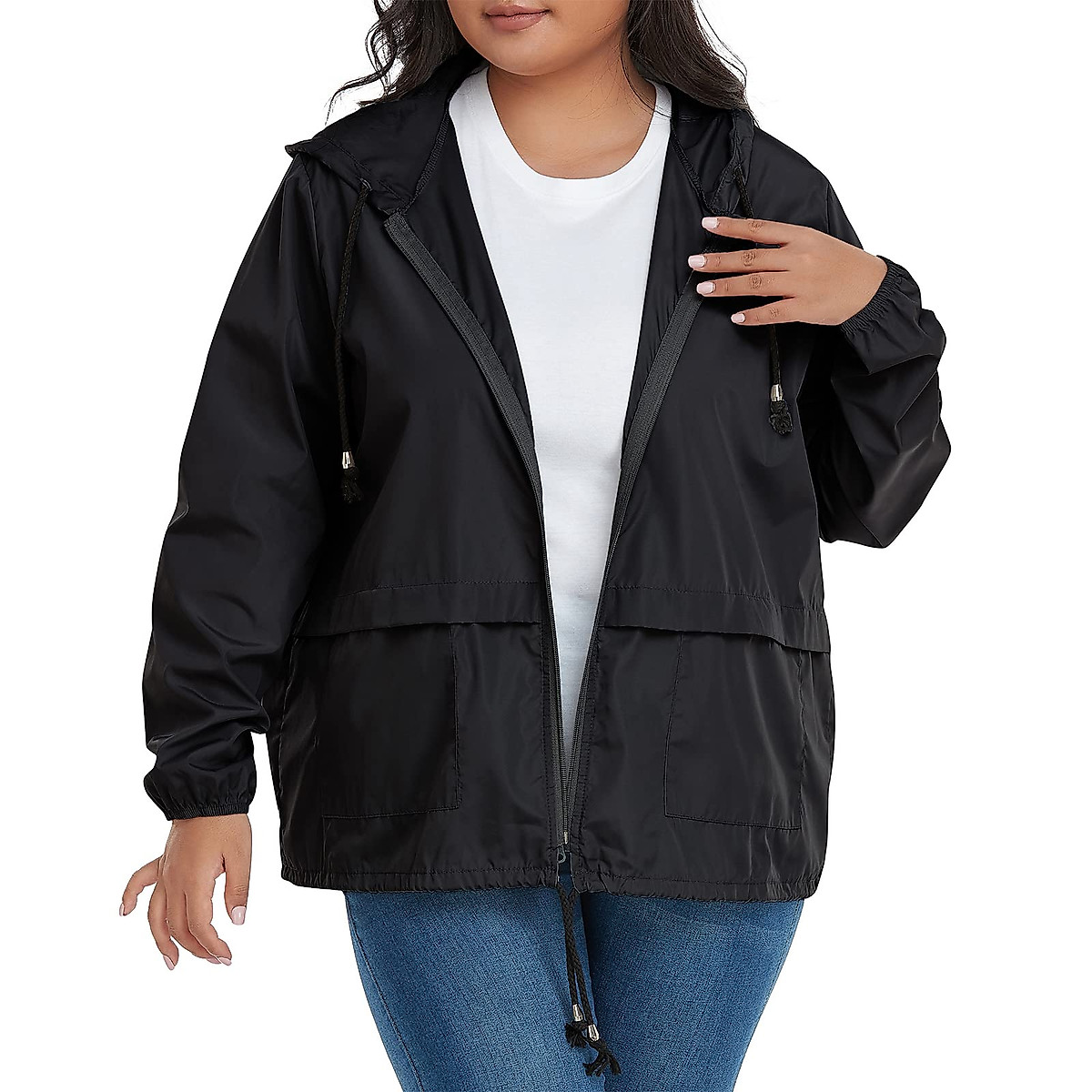 American Trends Plus Size Women Rain Coats Lightweight Waterproof Outdoor Rain Jacket Hooded Packable Windbreaker Jacket for Women A Black 3XL