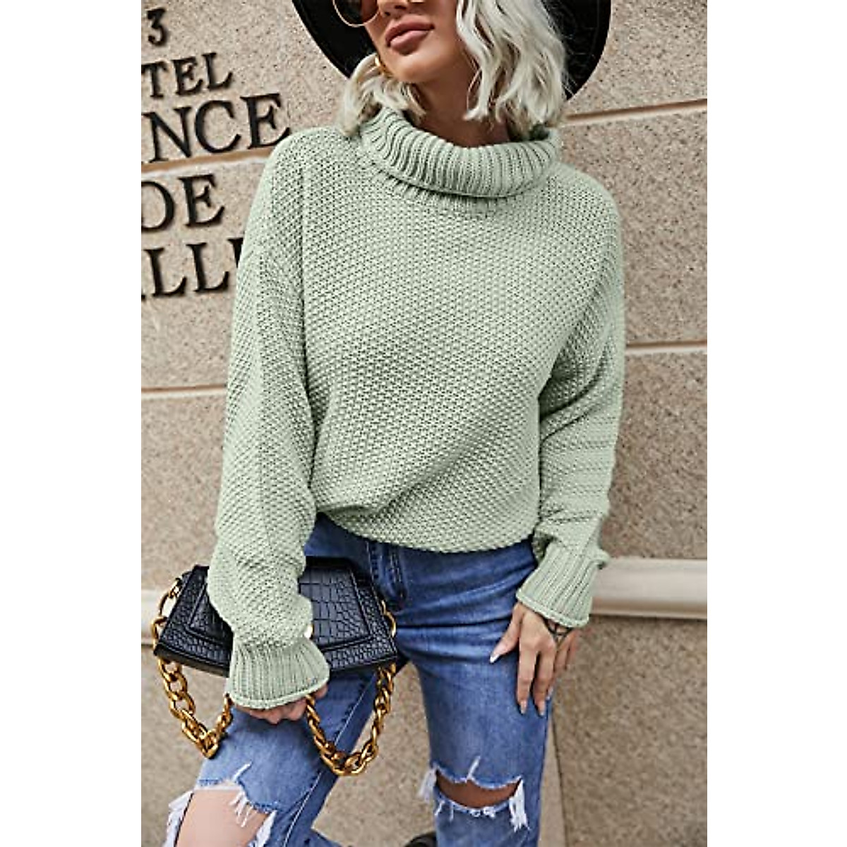 Lynwitkui Women Turtleneck Sweaters Batwing Sleeve Casual Loose Chunky Pullover Sweater Knit Tops Light Green