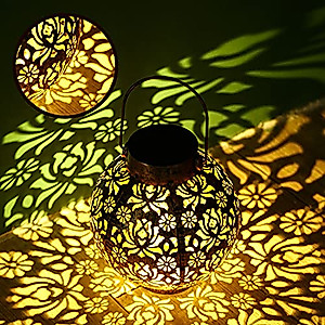 DUSVALLY Solar Lantern Hanging Waterproof Solar Lights for Patio, Backyard & Tree, 2 Pack Garden Decoration Lantern Light with Hollow-Out Retro Design, 7"H, Bronze