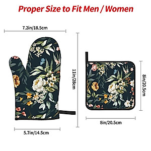 Oven Mitts and Pot Holders Sets 4 Piece, Floral Green Leaves Pattern Oven Gloves Heat Resistant Non-Slip for Kitchen Cooking Grilling Baking