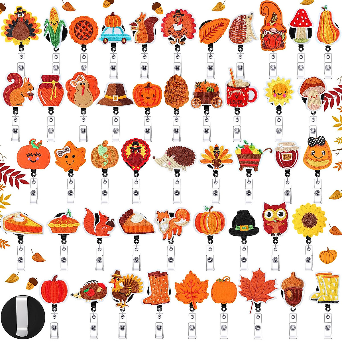 Zhanmai 48 Pcs Thanksgiving Badge Reels Felt Retractable Badge Reels with Clip Cute Squirrel Turkey Pumpkin Maple Leaves Holiday Themed Badge Holders Gift for Nurse Doctor Students School Office