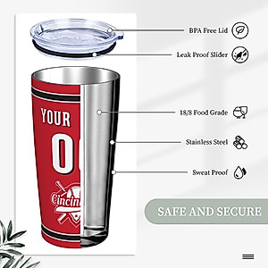 Cincinnati Custom Baseball 20oz Tumbler,Add Personalized Name And Number,Personalized Travel Coffee Mug, Stainless Steel, Insulated, Keep Drinks Cold And Hot,Gifts For Baseball Fans