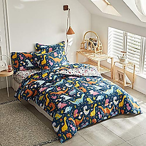 Joyreap 6 Piece Twin Size Bed in a Bag, Colorful Dinosaur on Navy Design, Microfiber Comforter Set for Kids Boys n Girls (1 Comforter, 2 Pillow Shams, 1 Flat Sheet, 1 Fitted Sheet,1 Pillowcase)