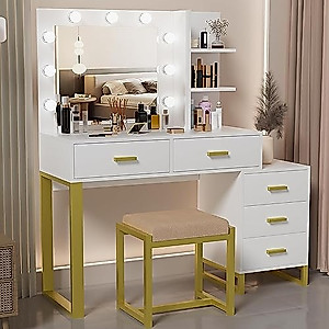 Hsozptry Makeup Vanity Desk with Mirror and Lights,Makeup Vanity Table Set with 5 Drawers,Cushioned Stool and Lightings, 45.51 inch Dressing Table for Bedroom Women Girls