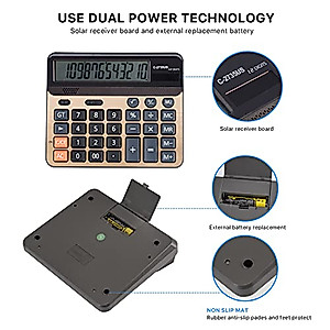 Calculators, Solar Battery Calculator Dual Power Large Standard Function Desktop Business Calculator with 12 Digit Large LCD Display Convenient for Office Home Student Finance Accounting- Gold