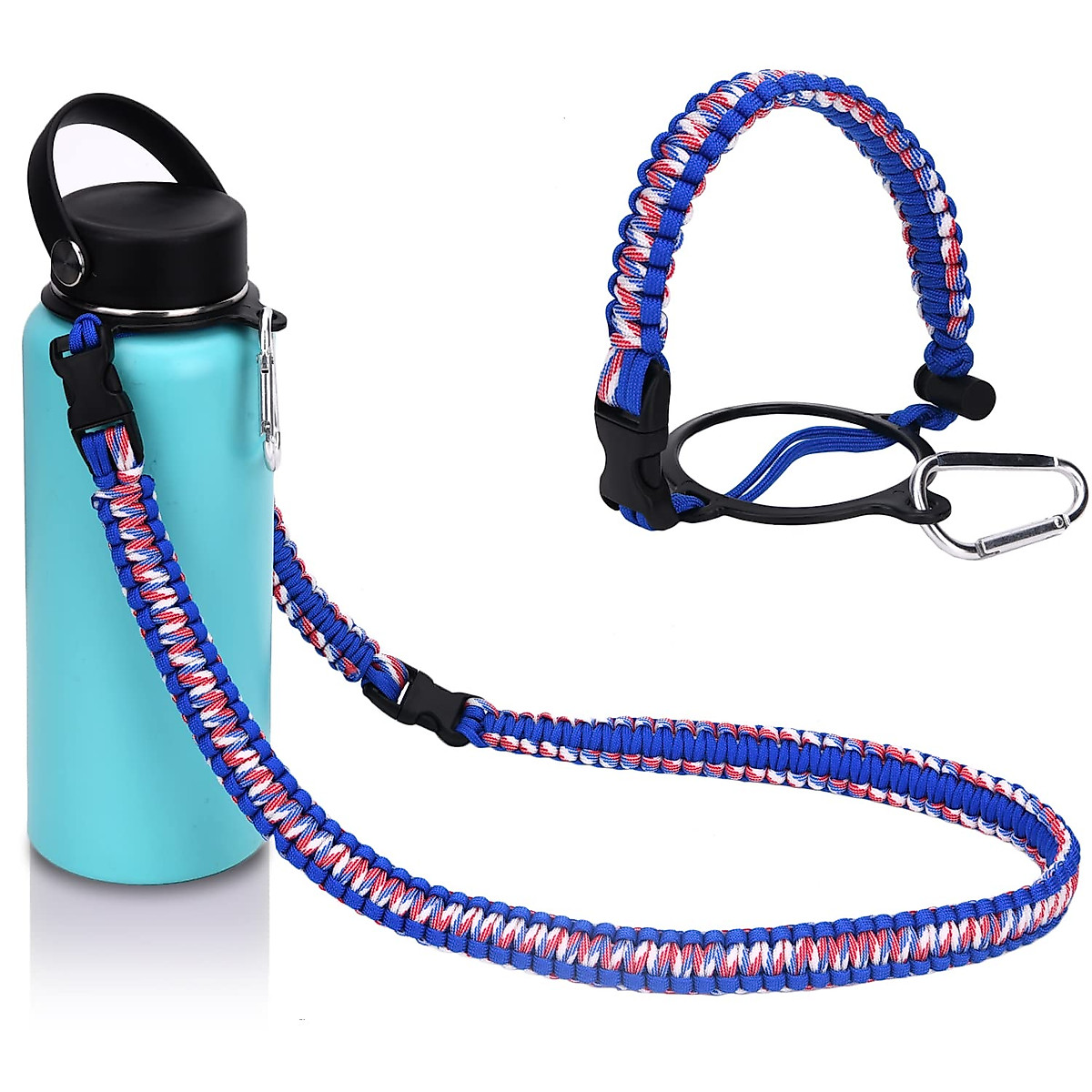 Wongeto Paracord Handle with Shoulder Strap,Compatible with Hydro Flask Wide Mouth Water Bottles 12oz - 64 oz（Not for The New Hydro Flask 2.0,Bottle Strap for Walking Hiking Camping(Blue&Red&White)