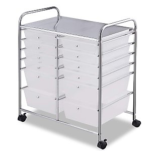 GOFLAME 12-Drawer Rolling Storage Cart, Multipurpose Organizer Cart with 2 Sizes Plastic Drawers, Mobile Utility Cart with Lockable Casters for School, Home Office, Beauty Salon, Clear