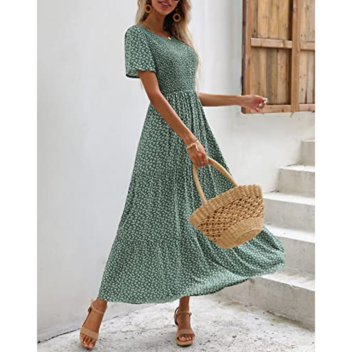 Zattcas Womens 2023 Spring Summer Smocked Tiered Boho Floral Long Maxi Dresses Casual Short Sleeve Modest Flowy Church Maternity Wedding Guest Dress Green XL