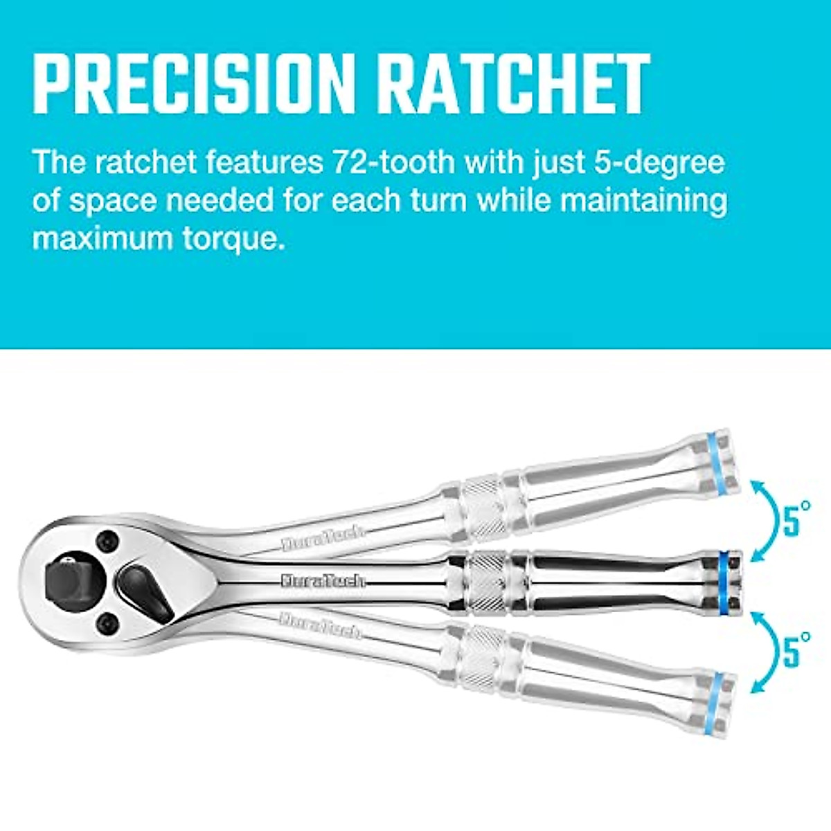 DURATECH 3-IN-1 Ratchet Handle, 1/4", 3/8", 1/2" Drive Ratchet Wrench, 72-Tooth, Reversible Switch, Full-Polished Chrome Plating, Alloy Steel