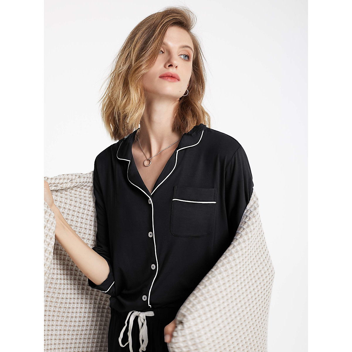 SIORO Womens Pajamas Set Long Sleeve, Button Down Cotton Pj Sets For Women Soft Nightwear,Black With White Piping, Small