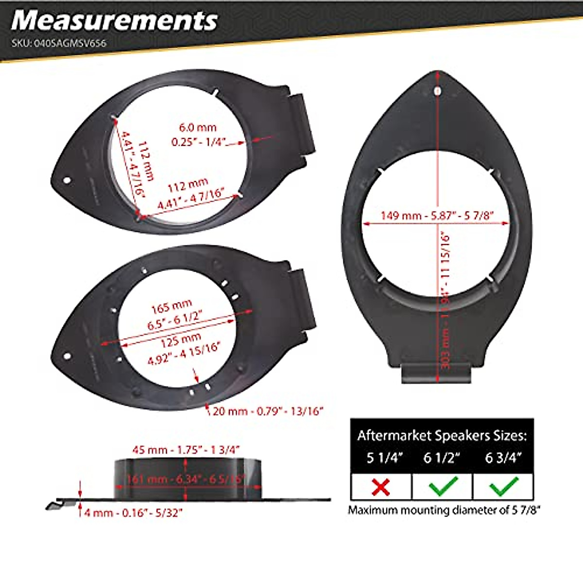 Scosche Compatible with Select 2014 to 2020 Cadillac, Chevrolet and GMC Full Size Trucks and SUVs 6.5” - 6.75” Speaker Adapters for Front Doors (1 Pair) SAGMSV656
