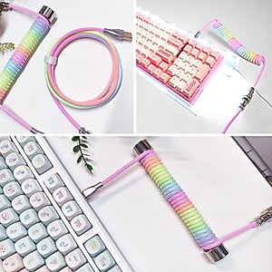 UCINNOVATE Coiled Keyboard Cable, Pro Custom Coiled USB C Cable for Gaming Keyboard, Double-Sleeved Mechanical Keyboard Cable with Detachable Metal Aviator, 1.8M USB-C to USB-A (Rainbow)