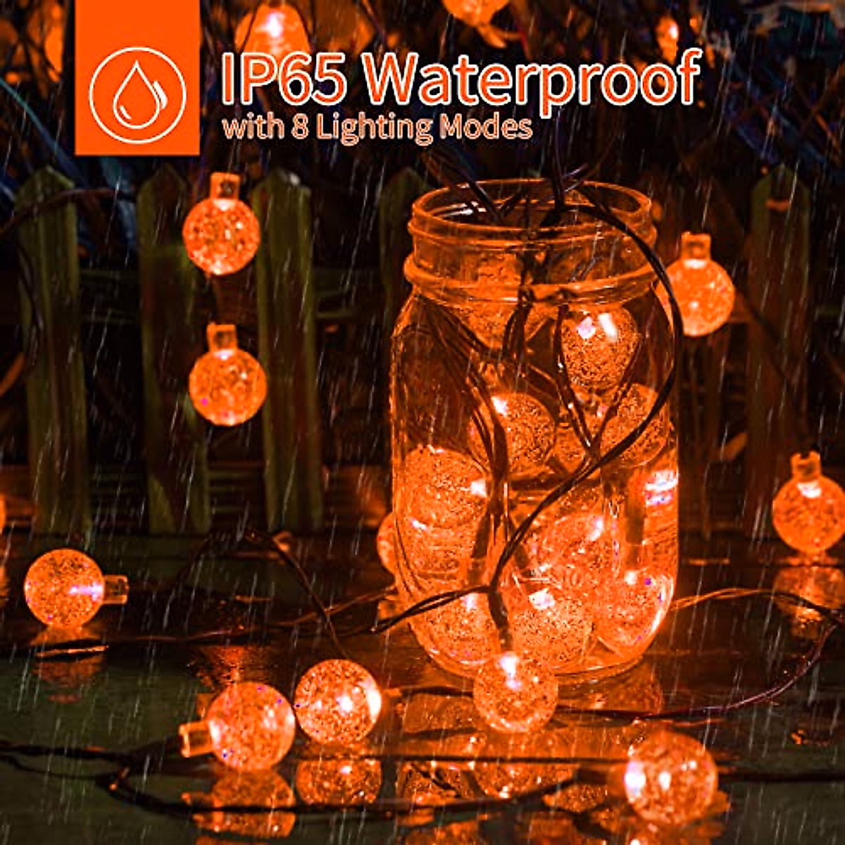 Solar Christmas String Lights Outdoor Waterproof, 2 Pack 60 LED 36.5 FT Each, Crystal Globe Lights with 8 Lighting Modes, Solar Powered Patio Lights for Garden Yard Porch Wedding Party Decor (Orange)