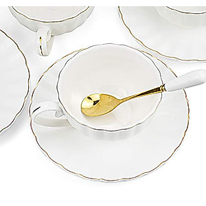 Yesland Set of 6 Royal Tea Cups and Saucers with Gold Trim, 8 Ounce White Porcelain Tea Set & British Coffee Cups, White Latte Cups and Espresso Mug for Specialty Coffee Drinks, Latte, Cafe Mocha, Tea