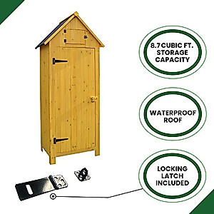 Hanover Outdoor Vertical Wooden Storage Shed for Tools, Equipment, Garden Supplies, with Shelf and Locking Latch, 8.7 cu. ft. Capacity