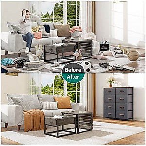 DWVO Dresser for Bedroom, Fabric Dresser with 8 Drawers, Tall Dresser, Double Dresser, Chest of Drawers for Closet, Living Room, Sturdy Steel Frame, Wooden Top, Easy Pull Handle, Charcoal Grey