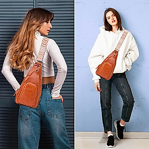 JRNDNIUO Leather Sling Backpack Thick Strap Crossbody Bags for Women Chest Bags Travel Daypack for Men and Women Brown Large