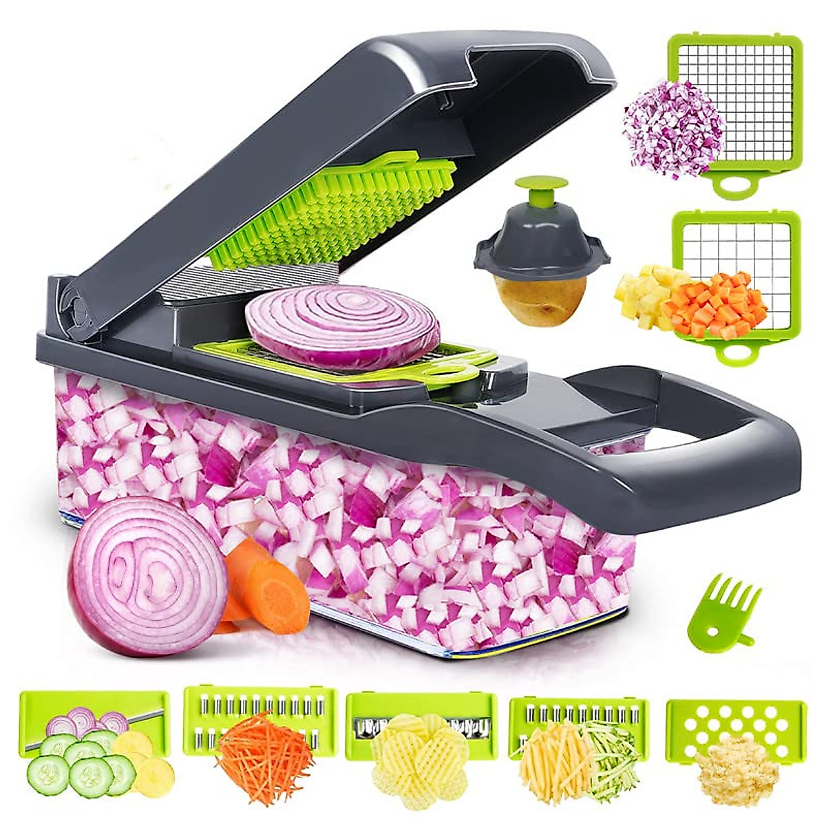 Vegetable Chopper, Multifunctional 12 in 1 Food Chopper Veggie Chopper Onion Chopper Vegetable Slicer Mandolin Slicer for Kitchen Vegetable Chopper with Container 8 Blades Garlic Chopper Slicer