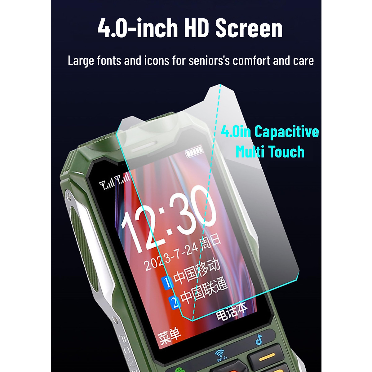 Rugged Senior Cellphone, 4G Large Mobile Phone for Elderly, 4in, 18000mAh Battery, Sound Quick Dial Phone for Android 7.0, Dual LED Lights (Black)