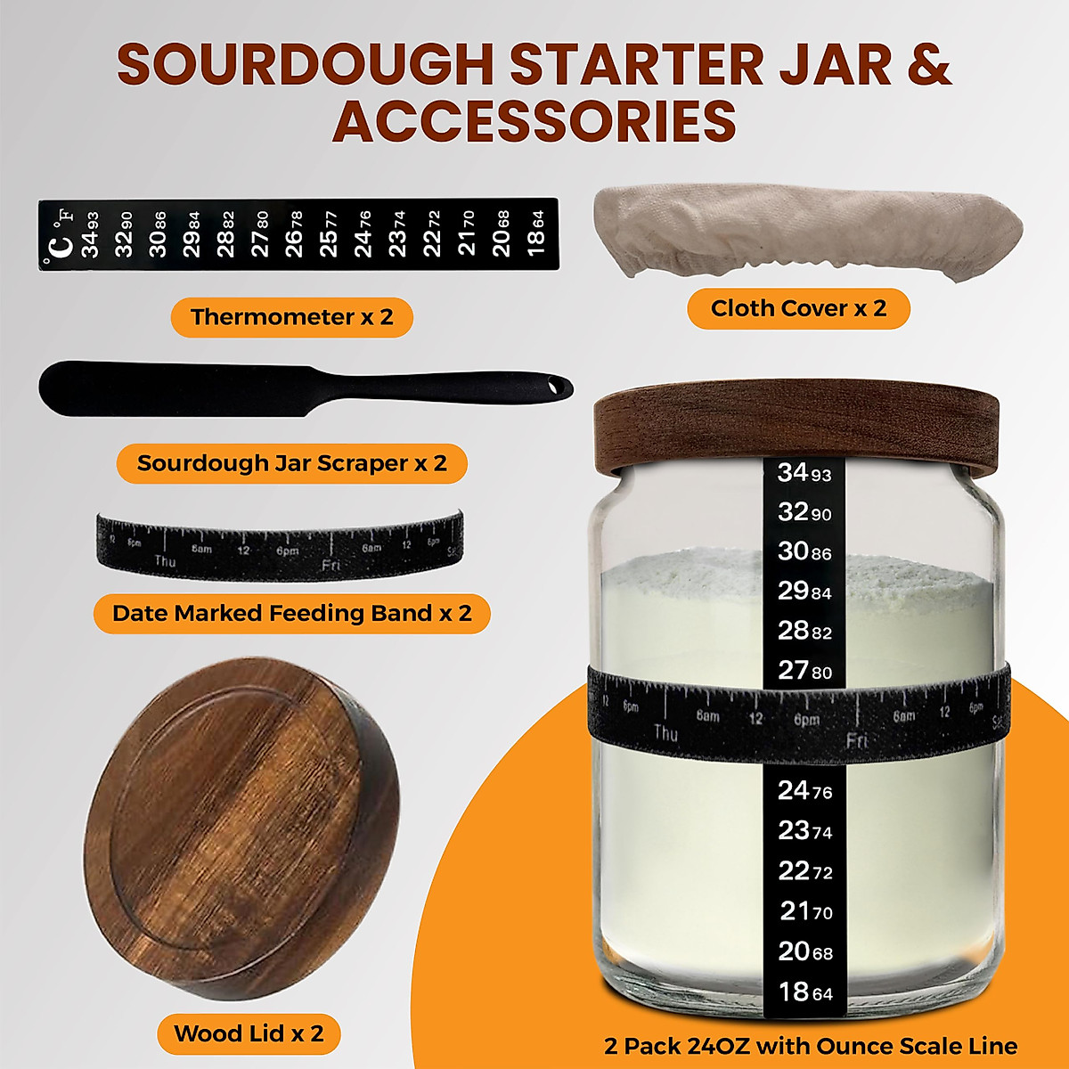 NAYYAB PRODUCTS Sourdough Starter Jar Kit Pack Of 2, 24oz Jar with Wooden lids, Ounce Scale Line, Silicon Scraper, Cloth Cover, Thermometer Sticker, Date Marked Feeding Band, Canning Jars