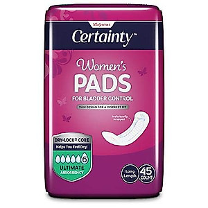 Walgreens Certainty Women's Bladder Control Pads Long Length Made for Your Naturally Soft Skin Thin Design for a Discreet fit 45 Pads