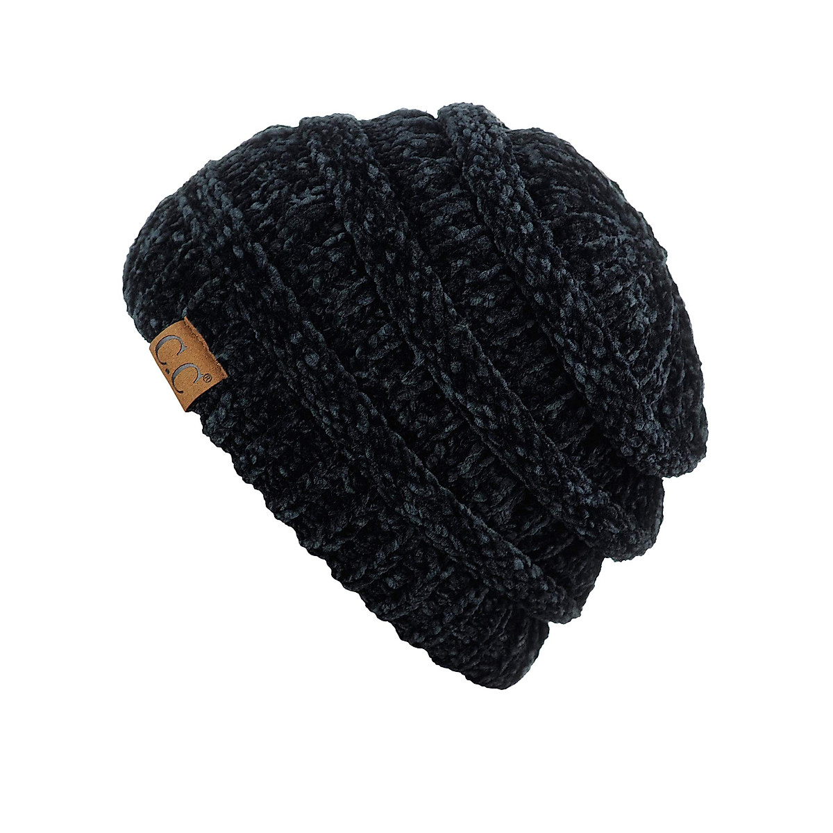 C.C Women's Chenille Soft Warm Thick Knit Beanie Cap Hat-Black