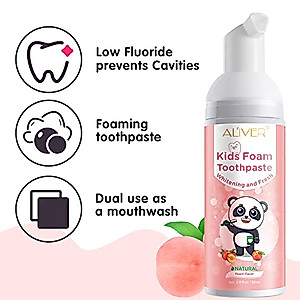 Foam Toothpaste Kids, Toddler Low Fluoride Toothpaste with Natural Formula to Reduce Plaque, Children Whitening Foaming Toothpaste for U Shaped Toothbrush for Kids Ages 3 and Up (Peach)