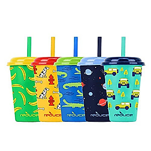 Reduce GoGo's 12 oz Cup Set, 5 Pack – Plastic Cups with Straws and Lids – Dishwasher Safe, BPA Free – 5 Fun Designs, Wild