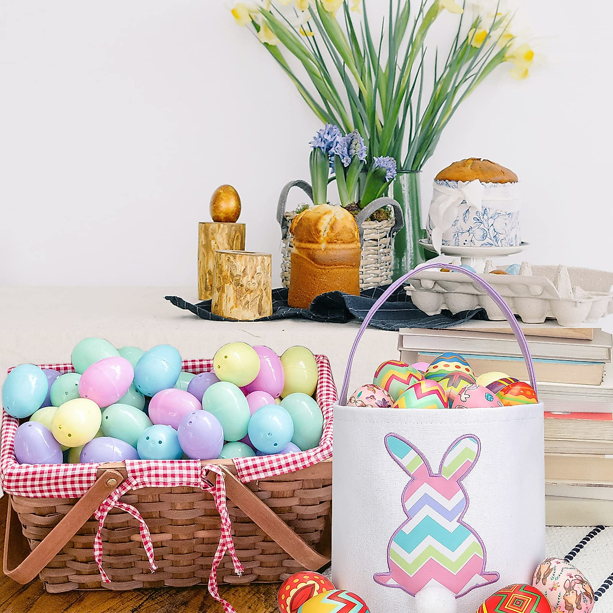 Easter Baskets for Kids 2 Packs Easter Egg Hunt Baskets for Boys and Girls Easter Bunny Candy Storage Gift Basket Easter Day Decorations (Stripe Multi+Blue)