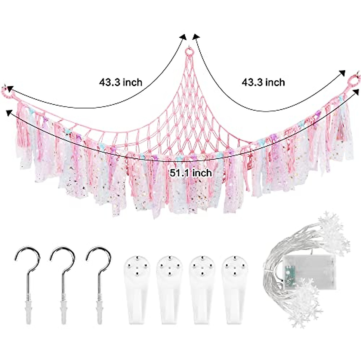 Stuffed Animal Net or Hammock with LED Light, Toy Hammock Hanging Stuffed Animal Storage Organizer Holder Room Décor with Tassels for Nursery Play Room Kids Bedroom (Pink)