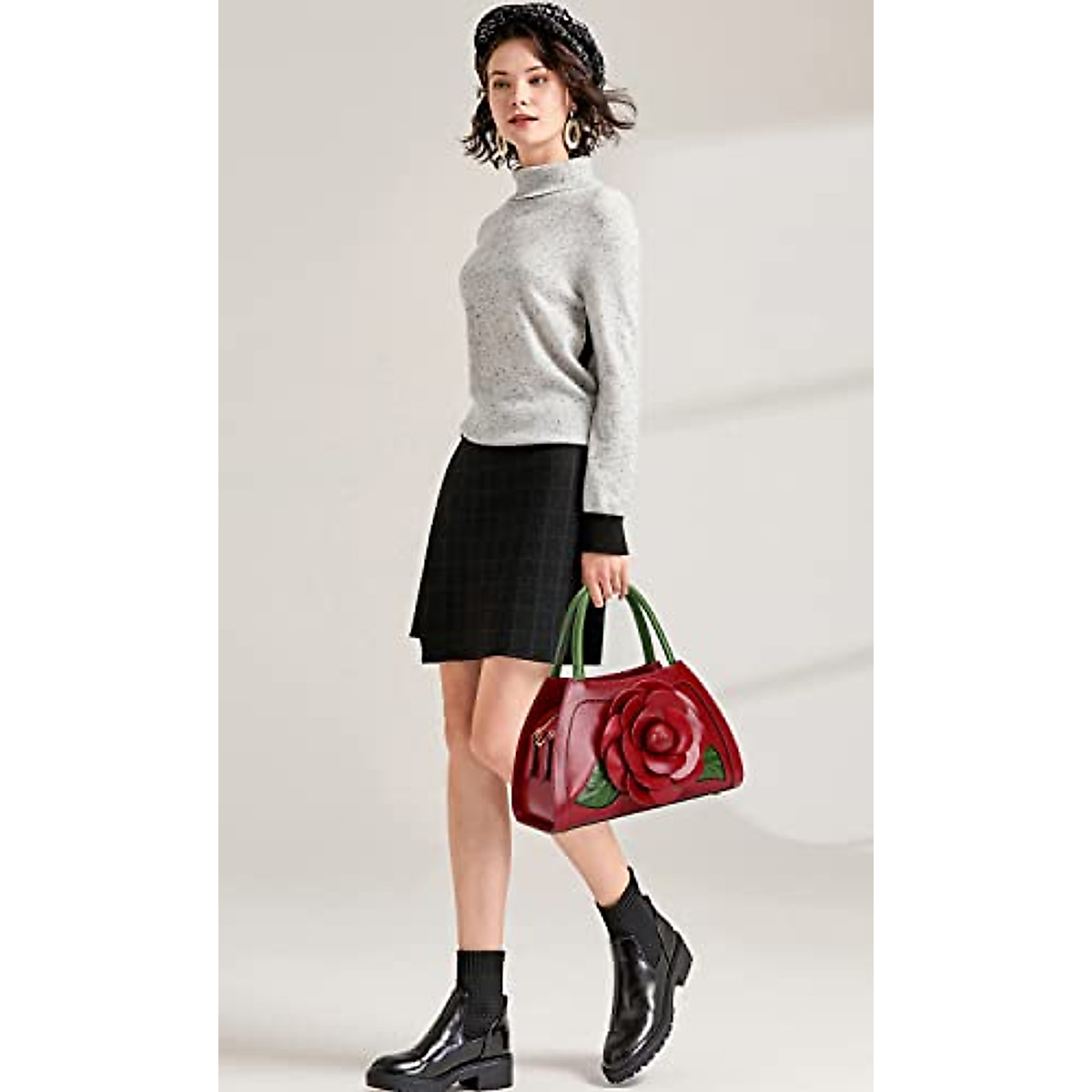 PIJUSHI Designer Floral Handbags for Women Genuine Leather Top Handle Satchel Handbags(66312 Red)