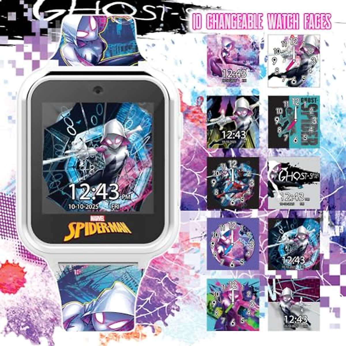 Accutime Spiderman Ghost Spider Educational Learning Touchscreen Kids Smartwatch - Multicolor Strap- Toy - Girls, Boys, Toddlers - Selfie Cam, Games, Alarm, Calculator, Pedometer (Model: SPD4935AZ)