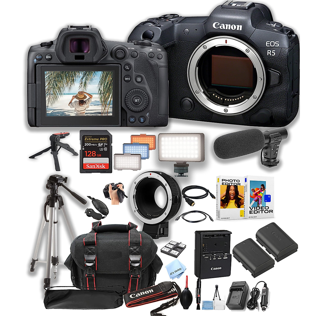 Canon EOS R5 Mirrorless Camera Body + 128GB Pro Speed Memory + EF-RF Lens Adapter + Led Video Light + Microphone +Case + Tripod + Software Pack-Video Bundle (Renewed)