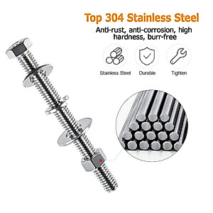3/8-16x4 Stainless Steel Hex Head Screws Bolts, Nuts, Flat & Lock Washers Kits, 304 Stainless Steel 18-8,Fully Threaded,4 Sets