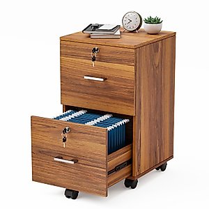 VINGLI 2-Drawer Rolling File Cabinet with Lock, Wood Mobile Filing Cabinet for Hanging Letter Size Filings Under Desk File Cabinet for Home Office, Assembly Required, Classic Walnut, 26.5" H