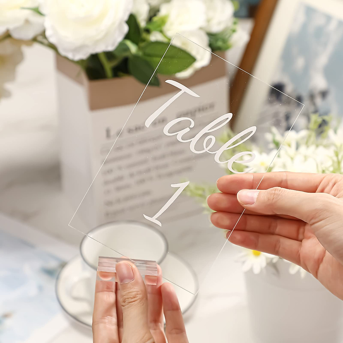 Tuanse 40 Pack White 4 x 6 Inch Acrylic Wedding Table Number 1-40 Clear Wedding Table Stand with Numbers Calligraphy Table Number Holders Table Signs for Wedding Reception Centerpieces Decorations