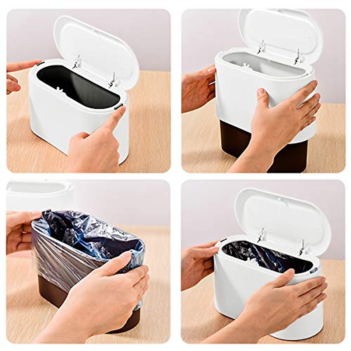 AYADA Mini Trash Can with Lid, Press-Type with Removable Inner Plastic Small Garbage Can Little Tiny Waste Basket Compact Covered Closable Trash Bin, Desk Countertop Office Kids Oval Rectangle (White)