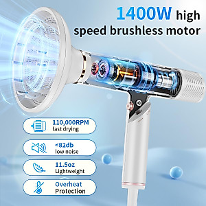 Maxfoxe Hair Dryer for Women, Blow Dryer Set 9 Modes Foldable Ionic Professional High Speed Fast Drying Brushless Compact Blower Magnetic Concentrator Nozzle Diffuser Attachment for Home,Hotel,Salon