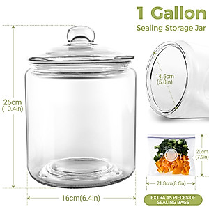 Masthome 1 Gallon Glass Jar with Lid,Large Glass Cookie Jar,Wide Mouth,Dishwasher Safe,Large Clear Jar,Storage Containers with Lids For Flour,Nuts,Cookies,Snacks-Send 15pcs Food Storage Bags