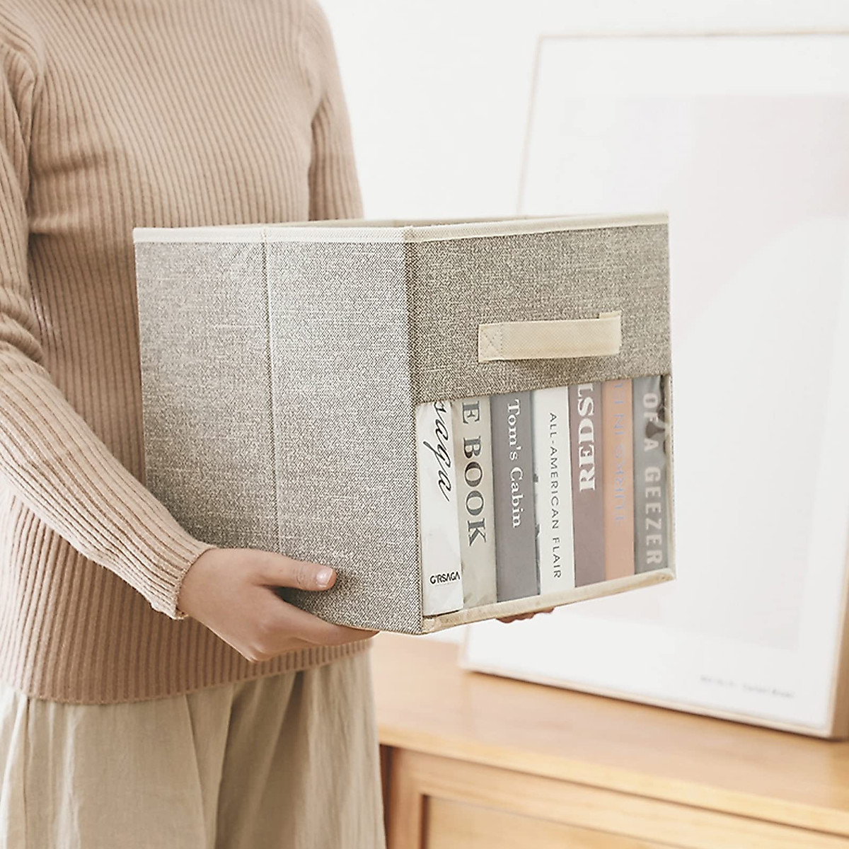 BiSiViO 11 Inch Fabric Cube Organizer, Foldable Cube Storage Bins Basket, Closet Organizers Box, Home Organizers with Window and Handle for Shelves, Closet, Kallax, Office, 2 Packs (Beige)