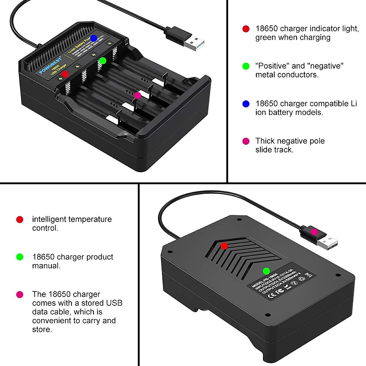 POWOBEST 18650 Battery Charger, 4 Bay USB Smart Universal Battery Charger Compatible with 3.7V Li-ion IMR INR 14500 14650 18350 18500 18650 RCR123A 18490 16340 17670 POWO18B Batteries Charger
