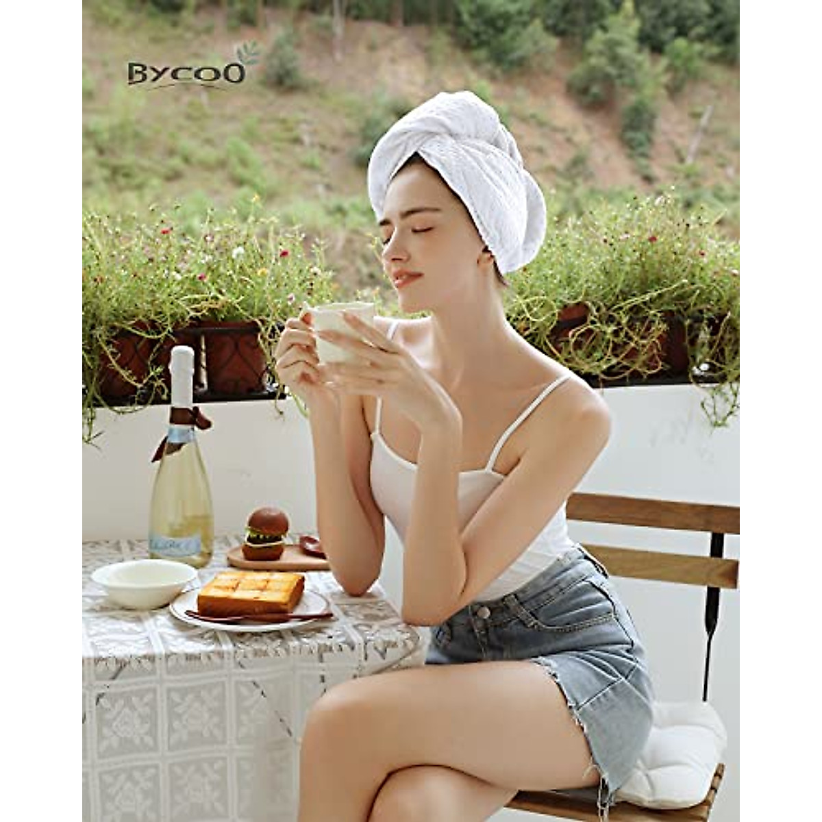 BYCOO Waffle Hair Towel Wrap, Large Microfiber Hair Drying Towels With Button&Elastic, Anti Frizz Head Towle|Super Absorbent | Soft Quick Dry Hair Turban for Women & Wet, Curly, Long &Thick Hair-White